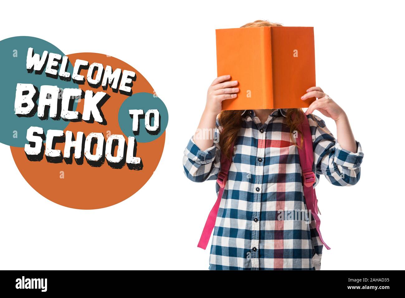 pupil covering face with orange book near welcome back to school ...