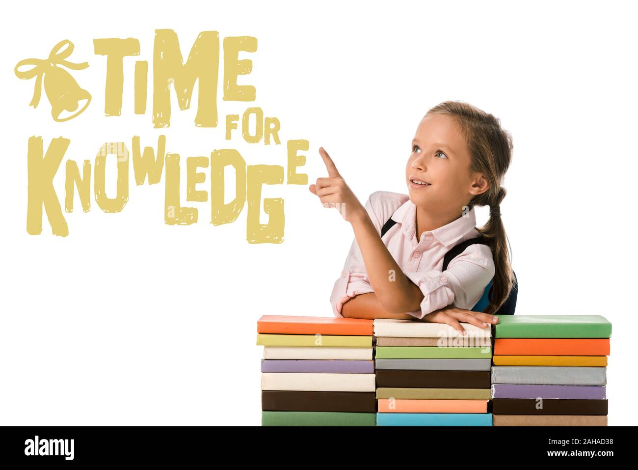 positive schoolkid pointing with finger at time for knowledge letters ...