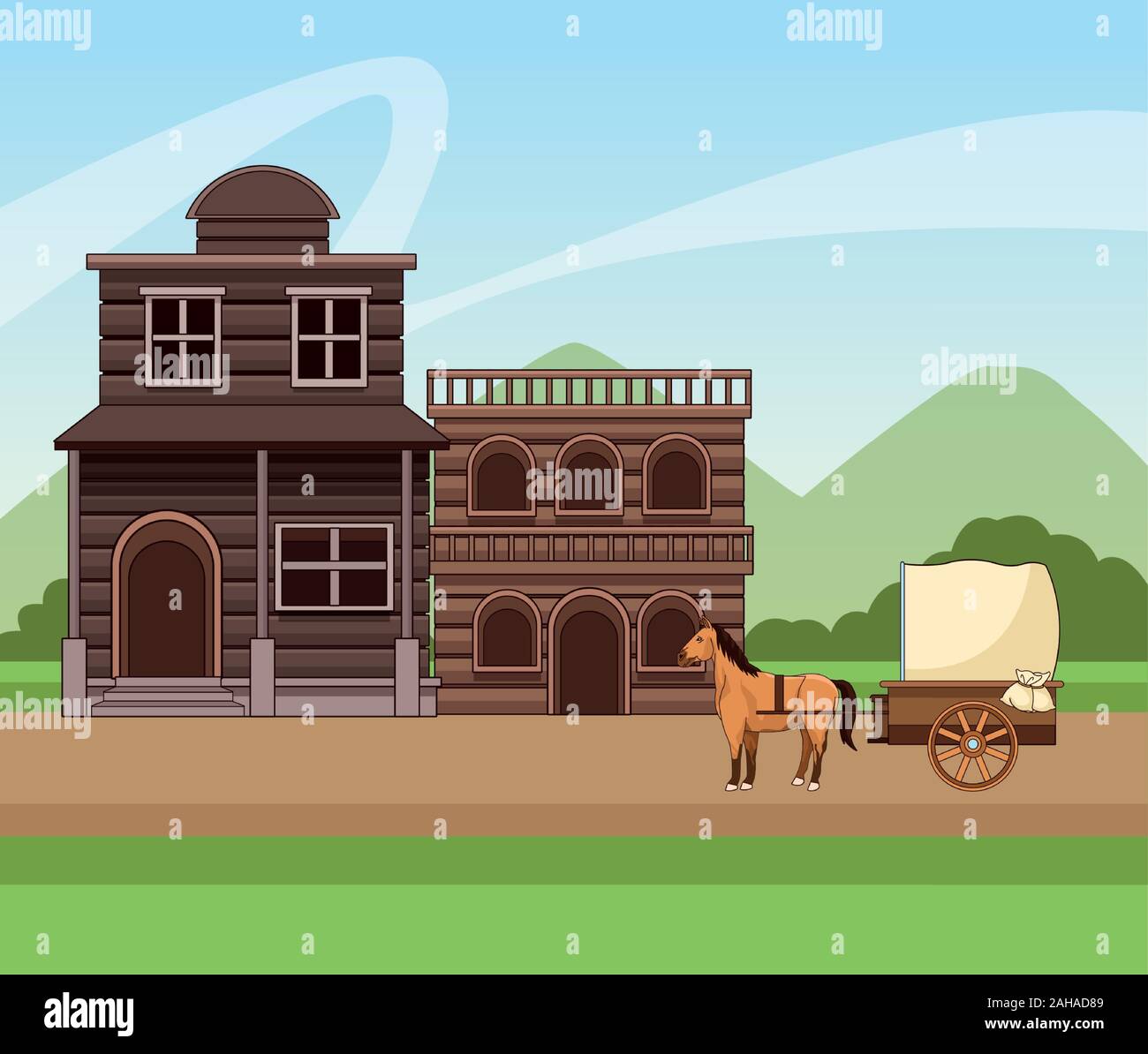 Western town design with wooden buildings and horses carriage Stock ...