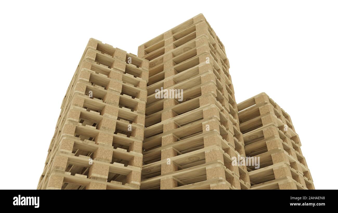 Close-up of Three very high Wood Pallets Stacks with a white background ...