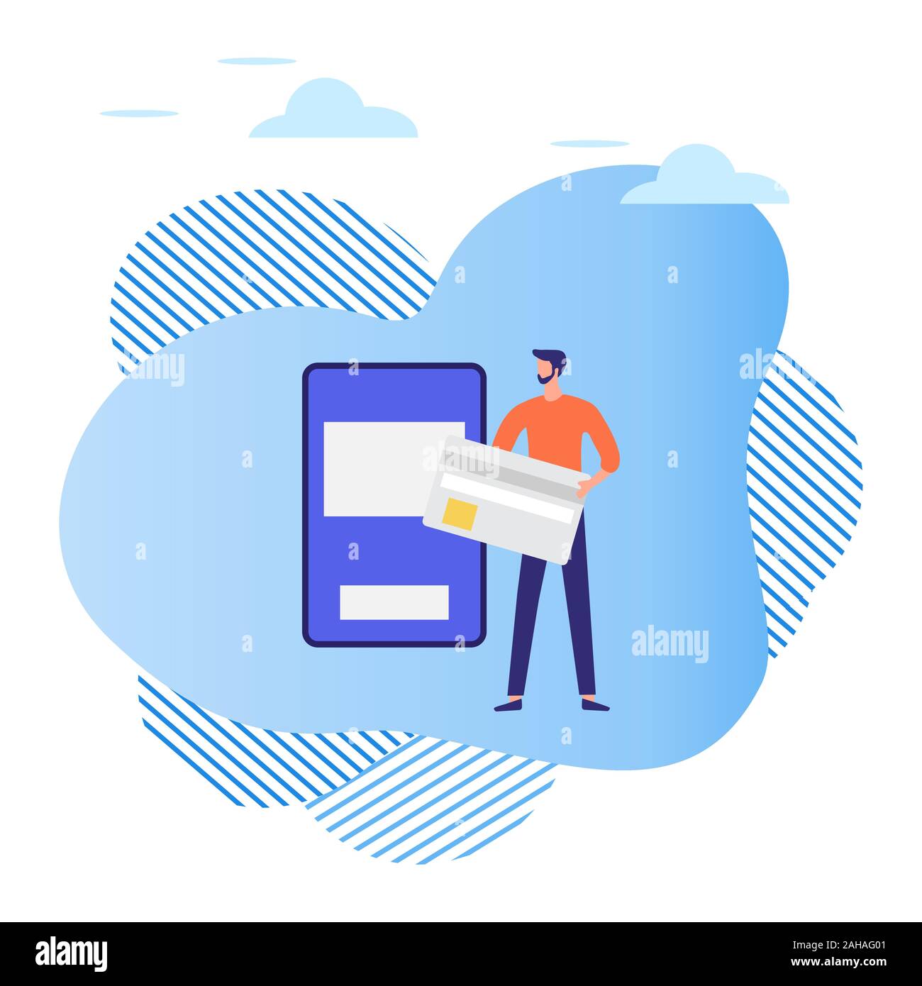 Vector illustration Bank card, People performs banking transactions ...