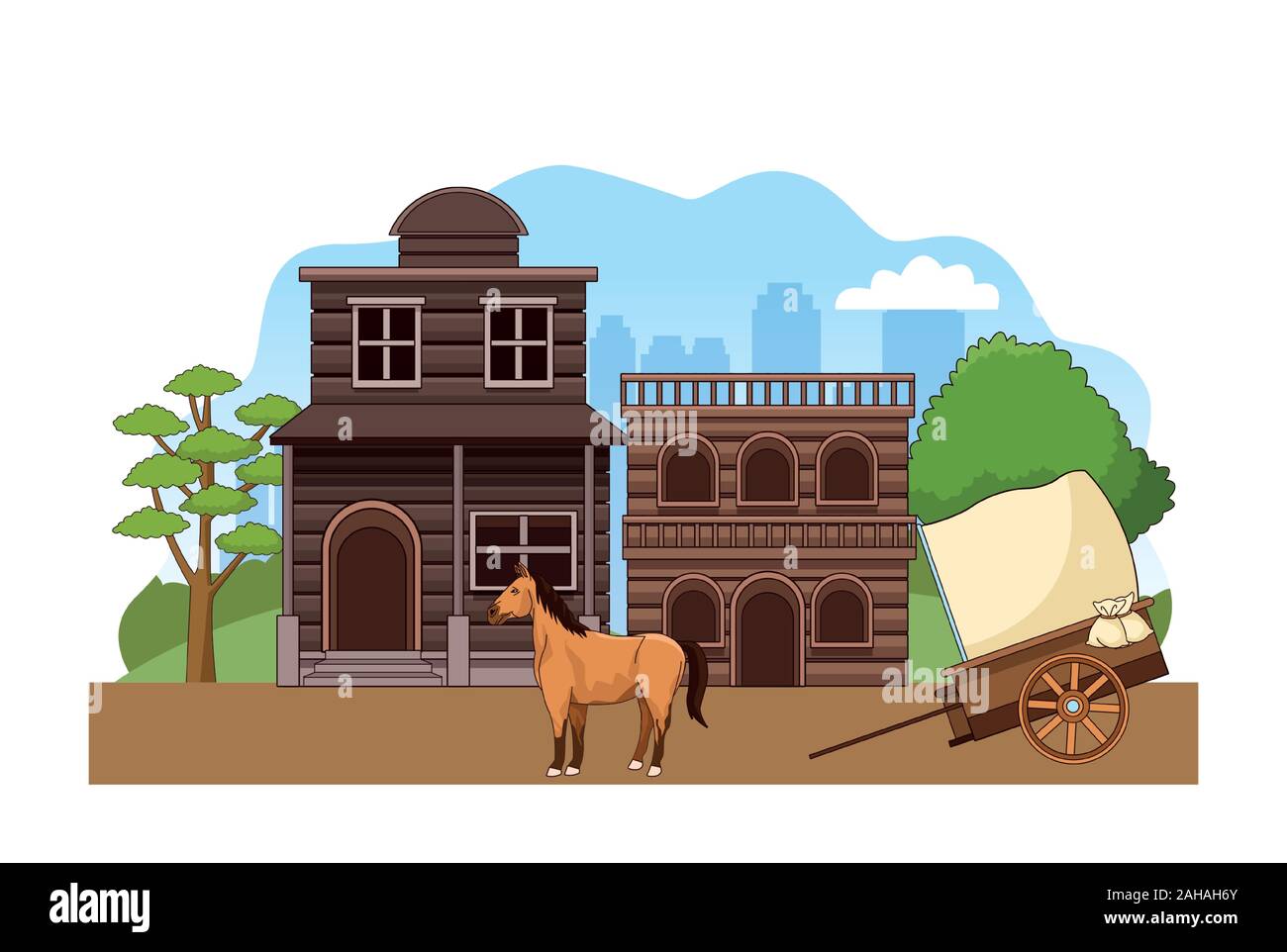 Western town scenery with wooden buildings, horse and carriage Stock ...