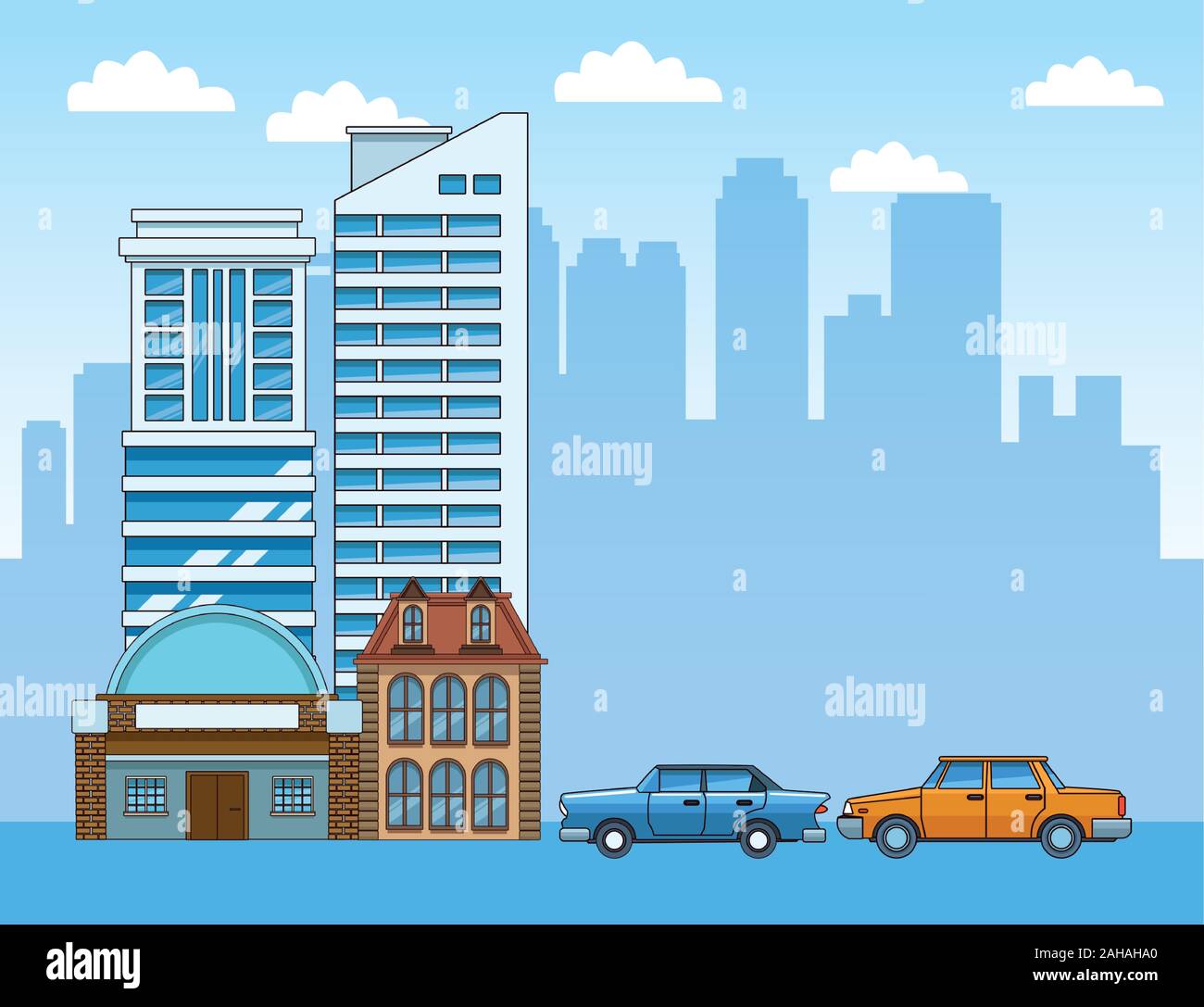 classic cars over city buildings background, colorful design Stock ...
