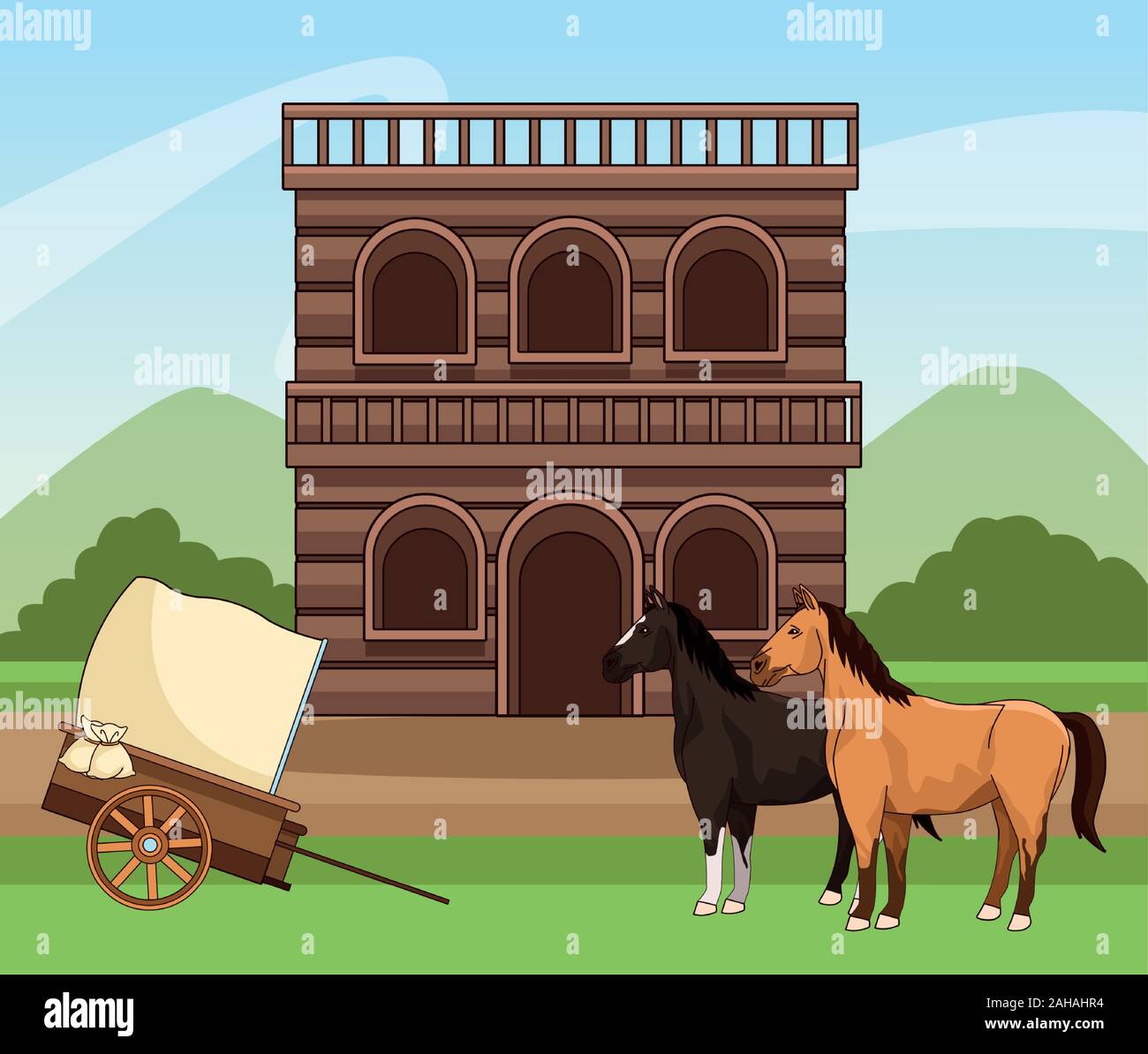 Western town design with wooden building, horses and carriage Stock ...