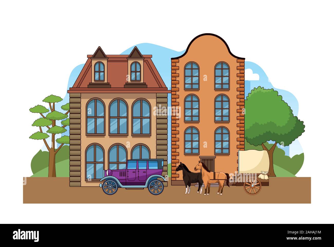 western town scenery with classic buildings, car and horses carriage ...