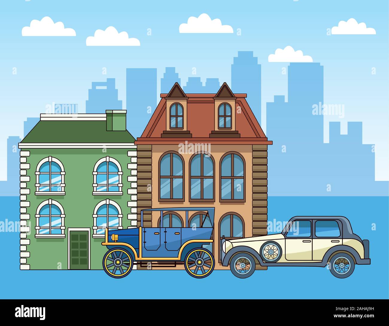 classic buildings and classic cars over urban city background Stock ...