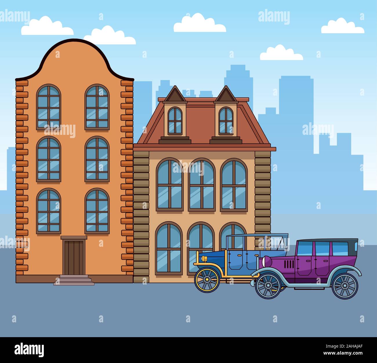 classic buildings and cars over urban city background Stock Vector ...