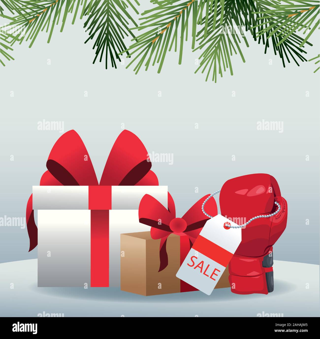 Gift boxes and boxing glove with sale tag over gray background Stock ...