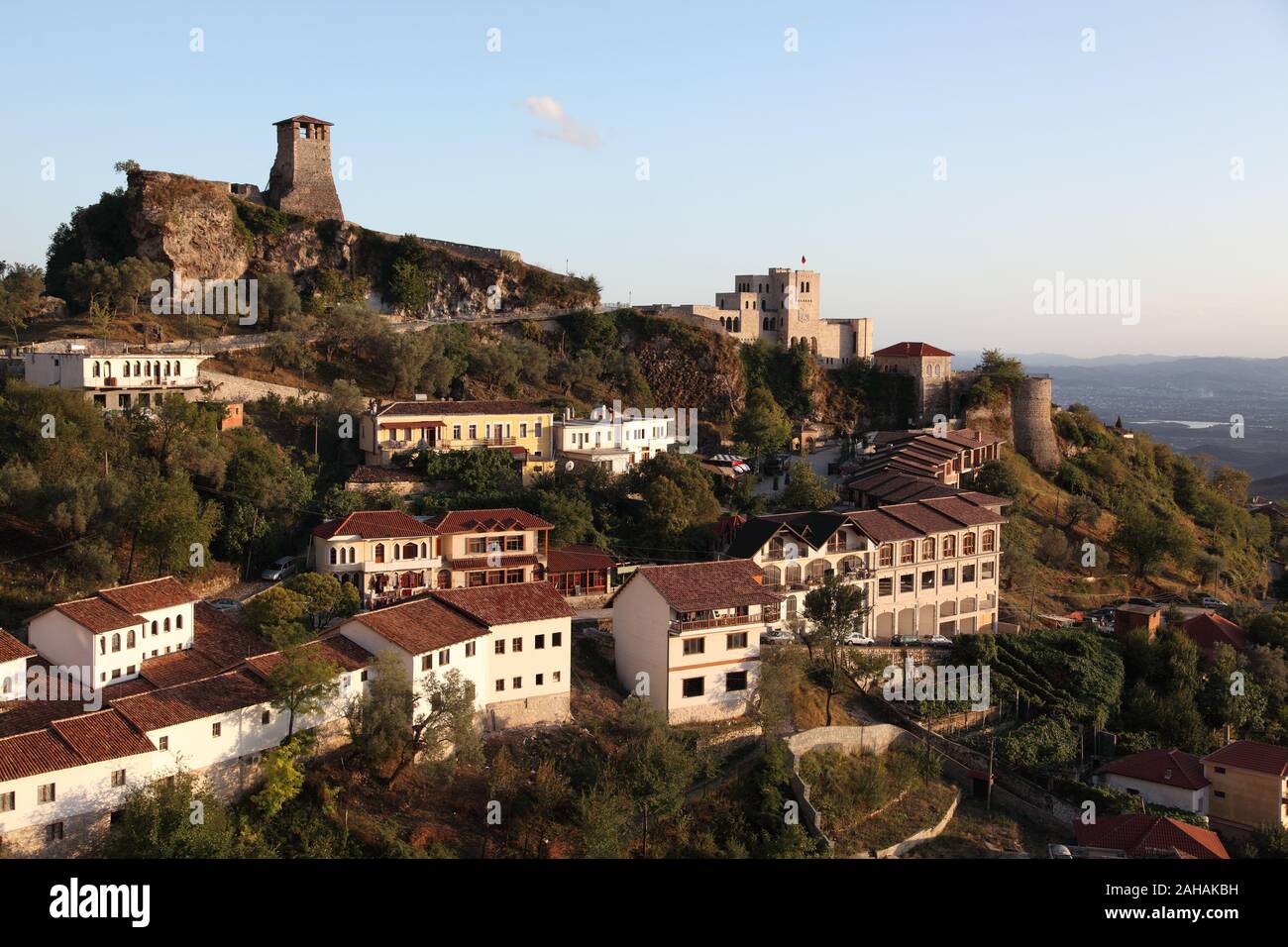 Kruja Castle and the white painted houses of Kruja town in Albania ...