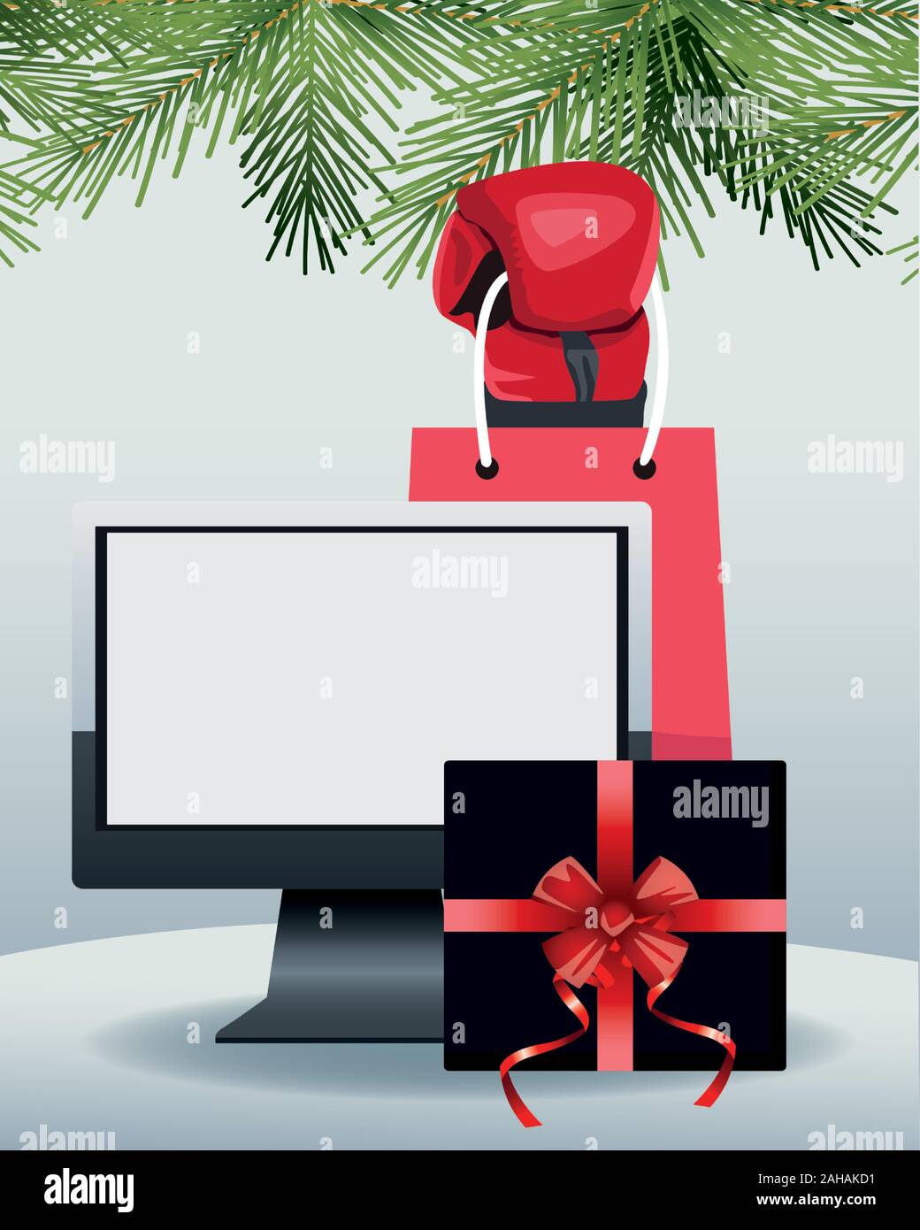 computer, gift box and boxing glove over gray background Stock Vector ...