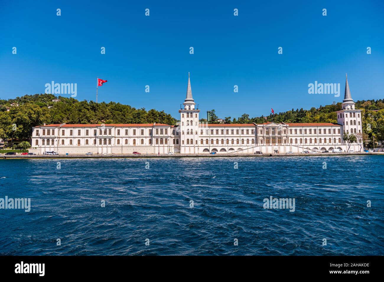 Kuleli Military High School building with tower and flags of Turkey on ...