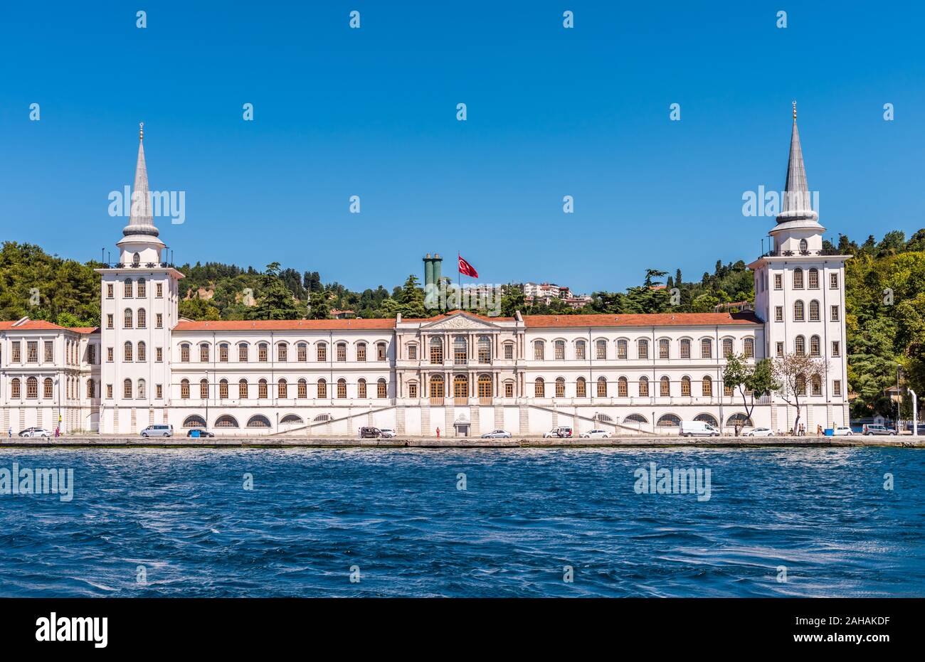 Kuleli Military High School building with tower and flags of Turkey on ...