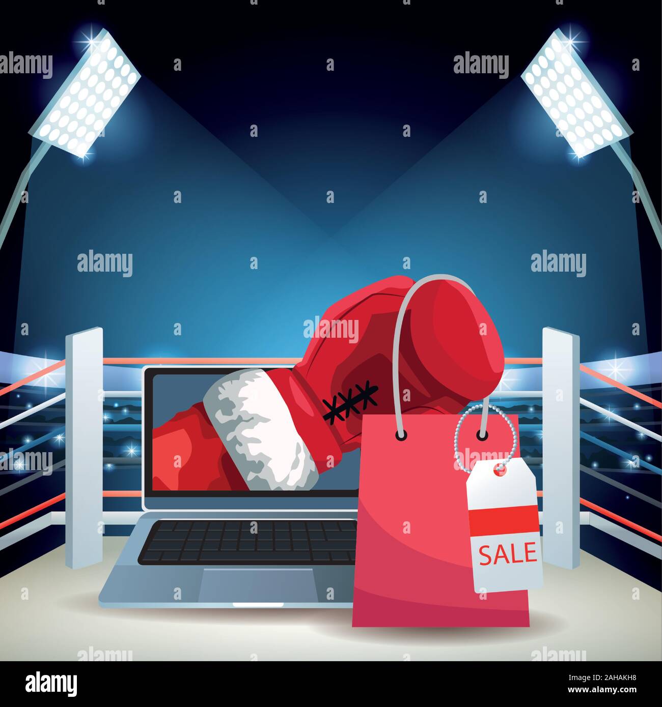 Boxing ring with laptop computer with boxing glove and shopping bag ...