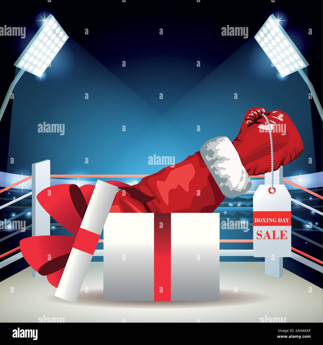 Gift box with hand holding a tag over boxing ring background Stock ...