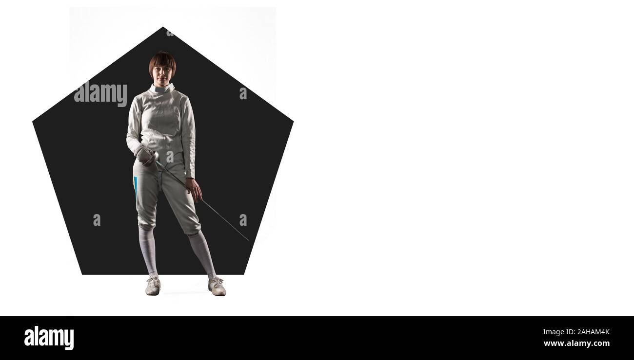 Professional fencing sportswoman training, practicing on white ...