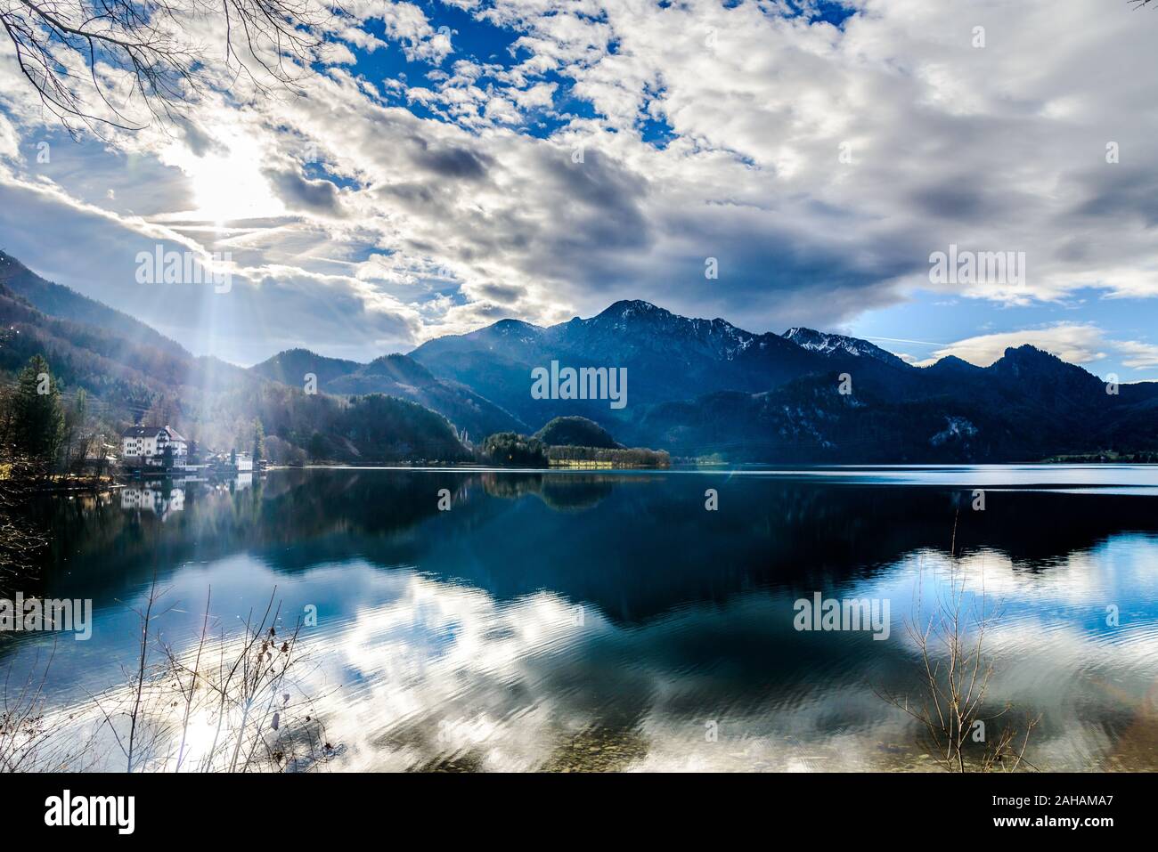 Kochelsee (Lake Kochel, Köchelsee), alps mountains, mountain Herzogstand in autumn. Bavaria ...