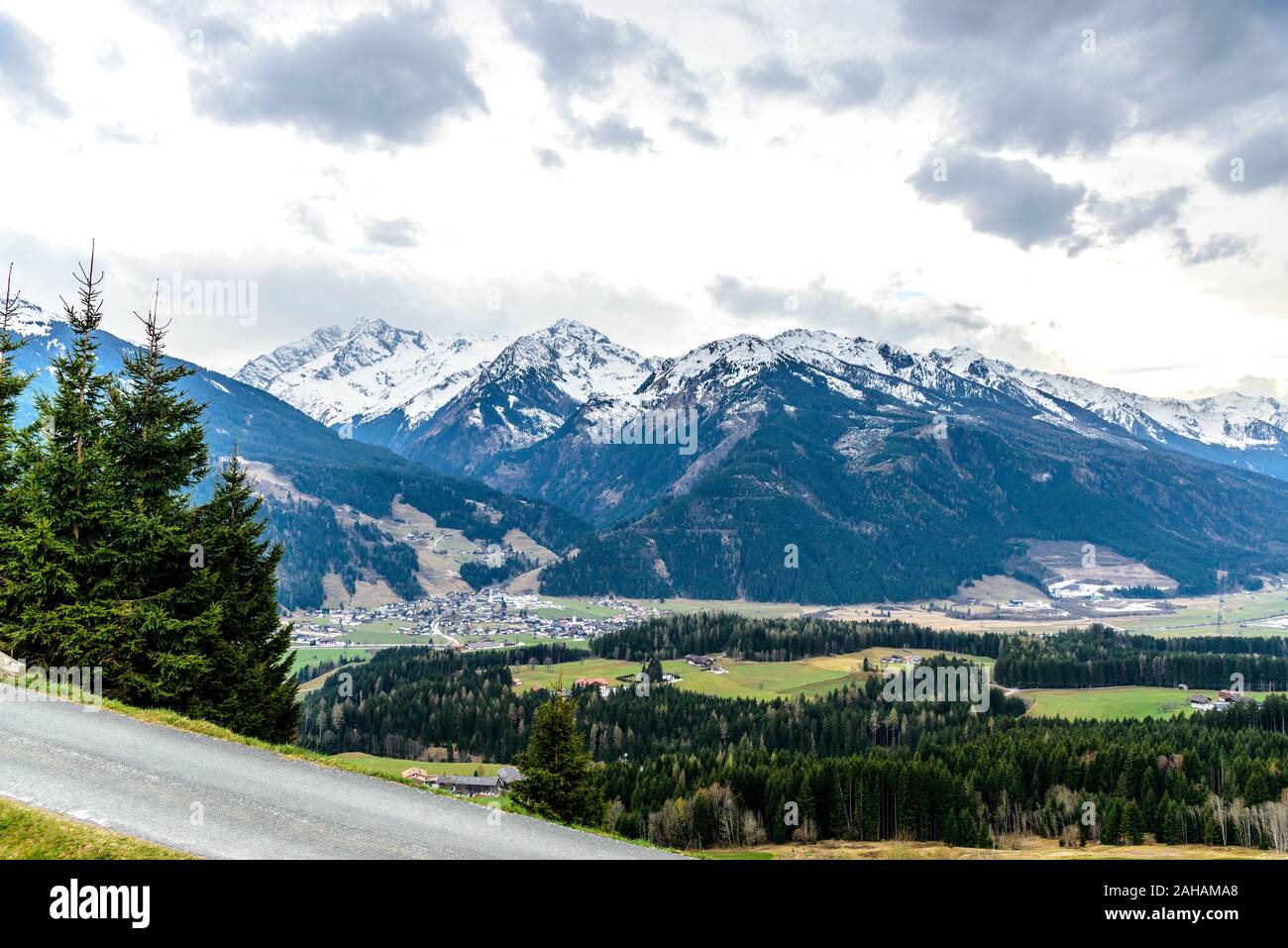View on evening alps mountains with dramatic sky, clouds in Spring ...