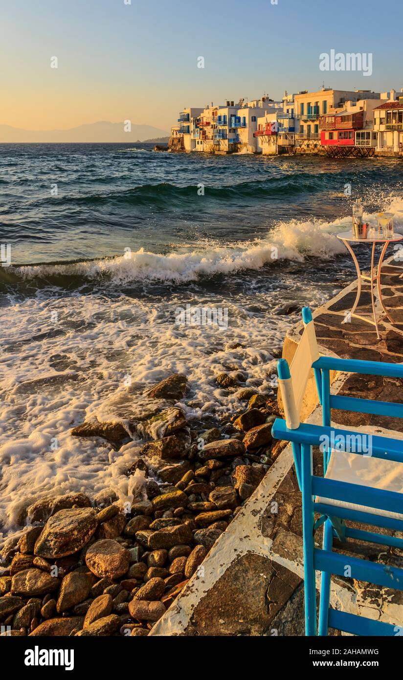 Sunset view of the famous pictorial Little Venice in Mykonos island ...