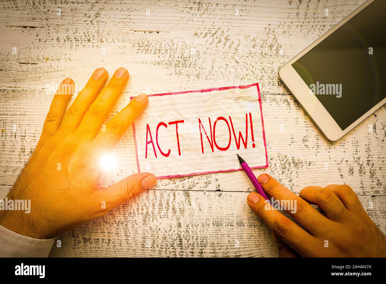 Text sign showing Act Now. Business photo showcasing fulfil the ...