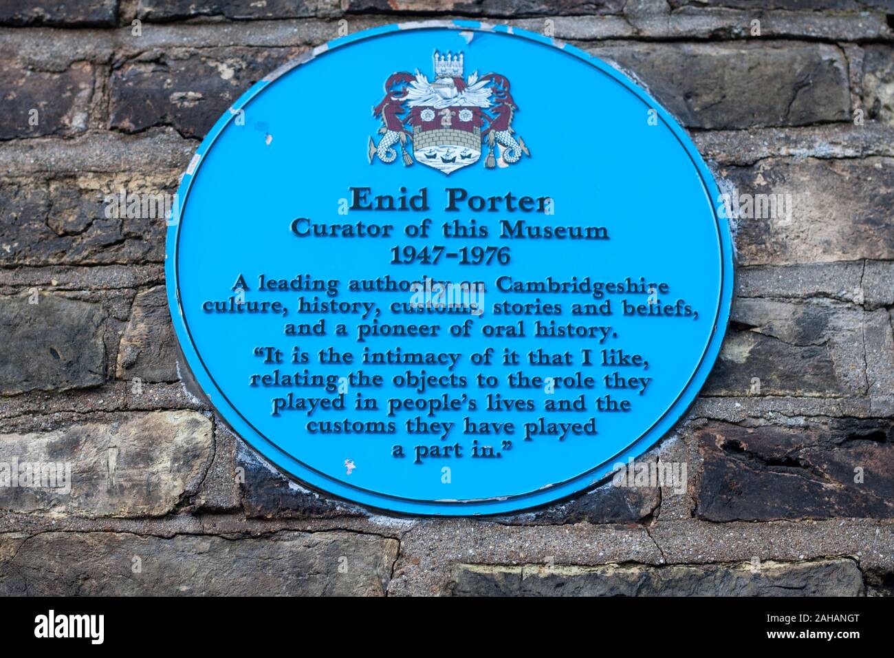 Blue plaque in Cambridge recognizing the work of Enid Porter, curator ...