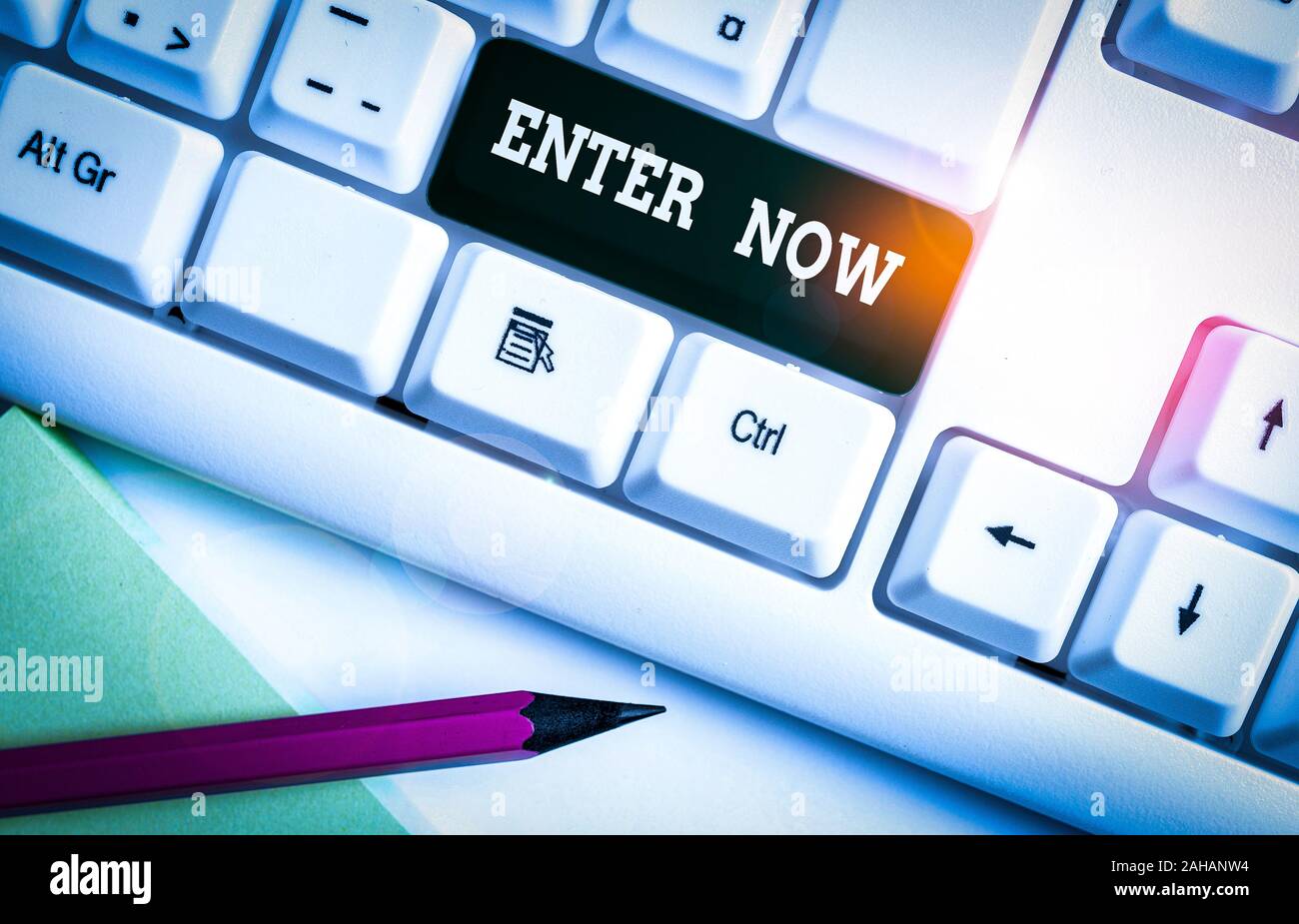 Writing note showing Enter Now. Business concept for come or go into a ...