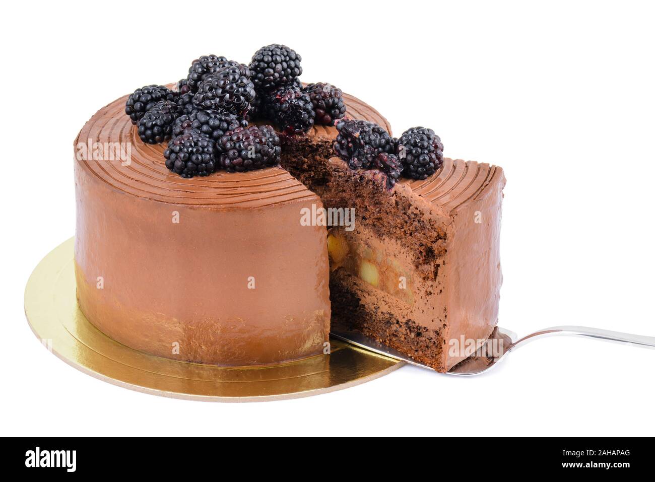 Chocolate cake, peace of cake on Cake server isolated white background ...