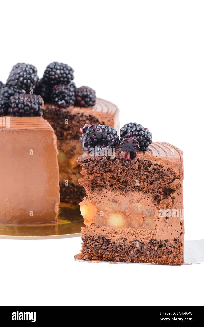 Peace of cake in front of chocolate cake isolated white background ...