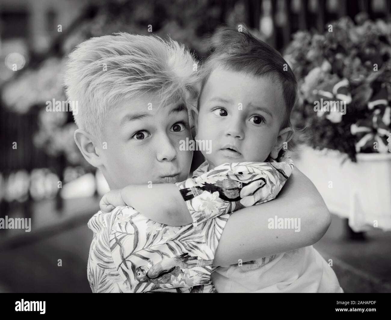 monochrome portrait of caucasian adorable cute boys siblings holding ...