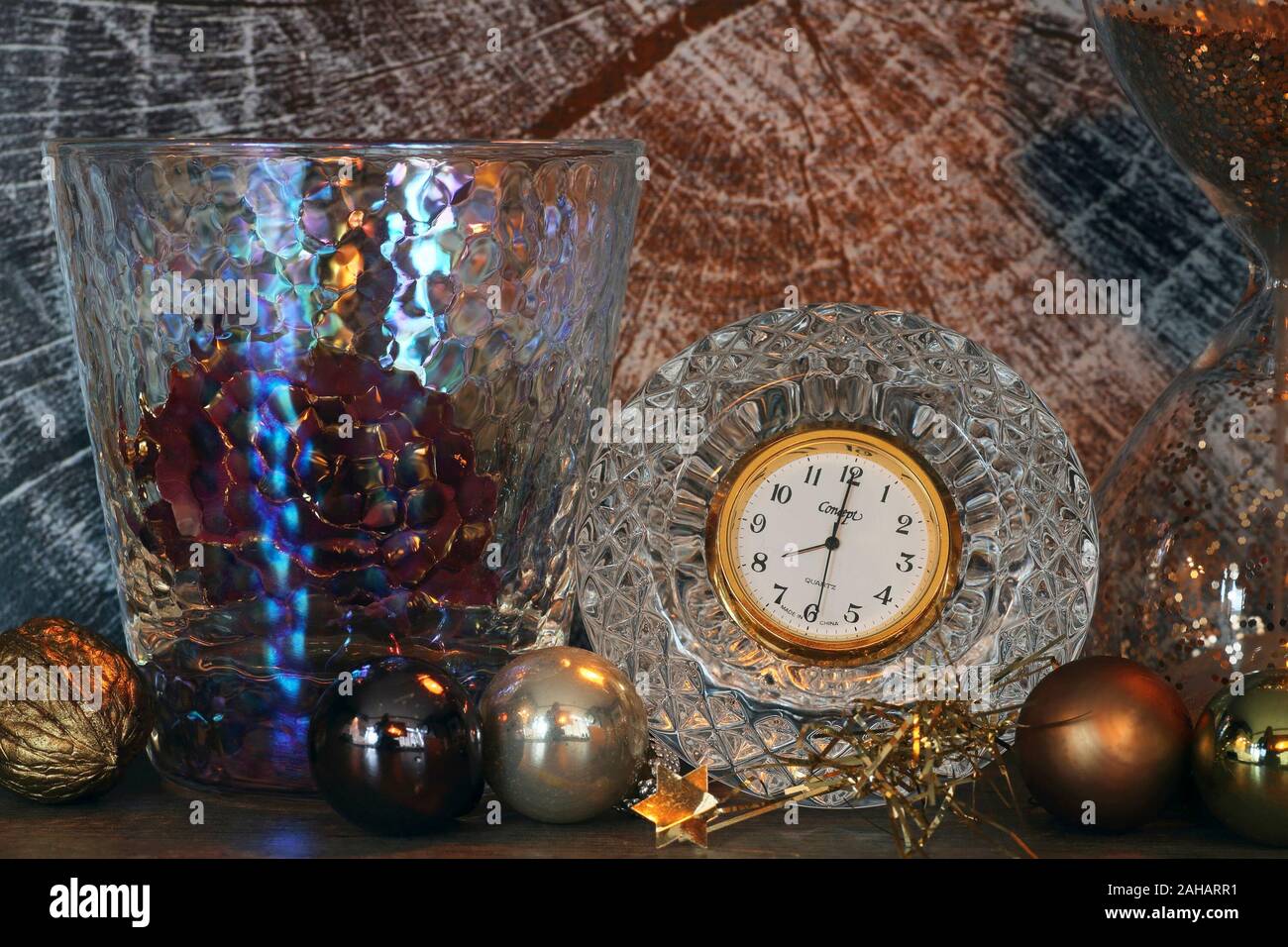 Christmas Time with crystal clock, hourglass and decorations V Stock ...