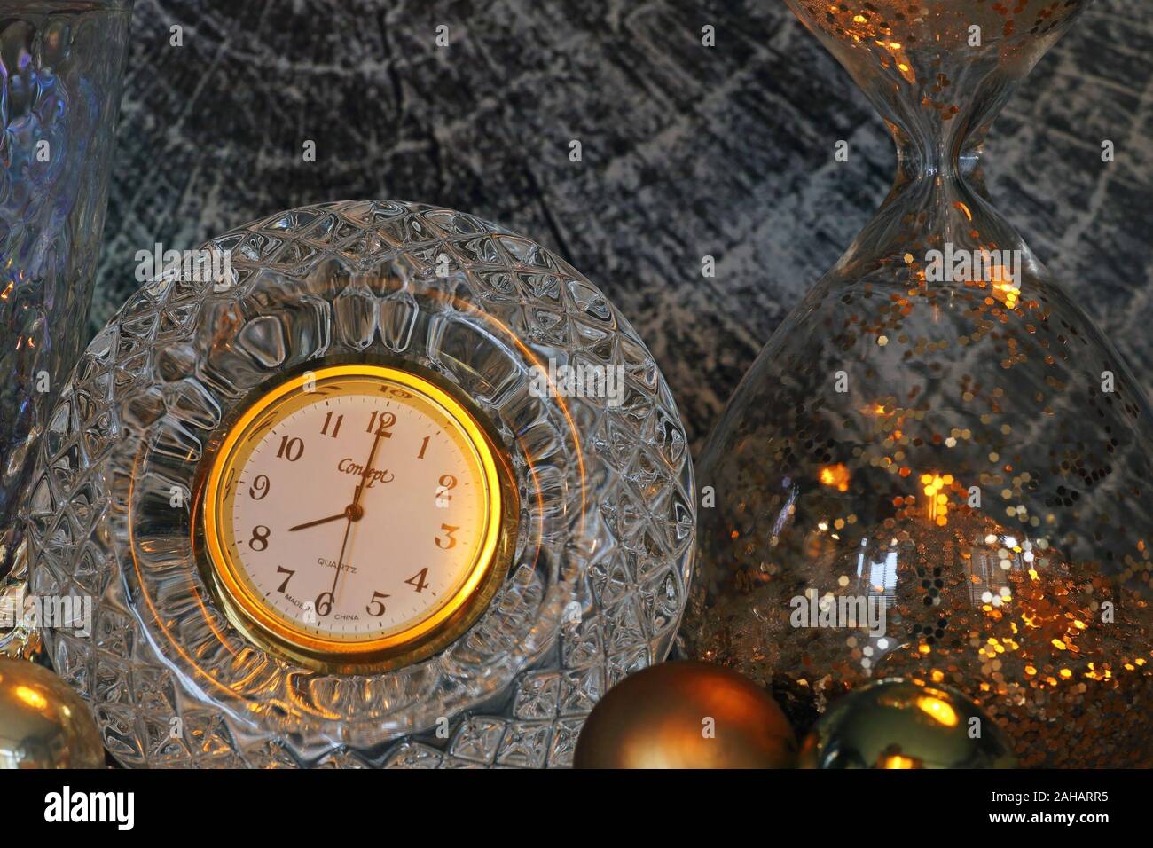 Christmas Time with crystal clock, hourglass and decorations II Stock ...