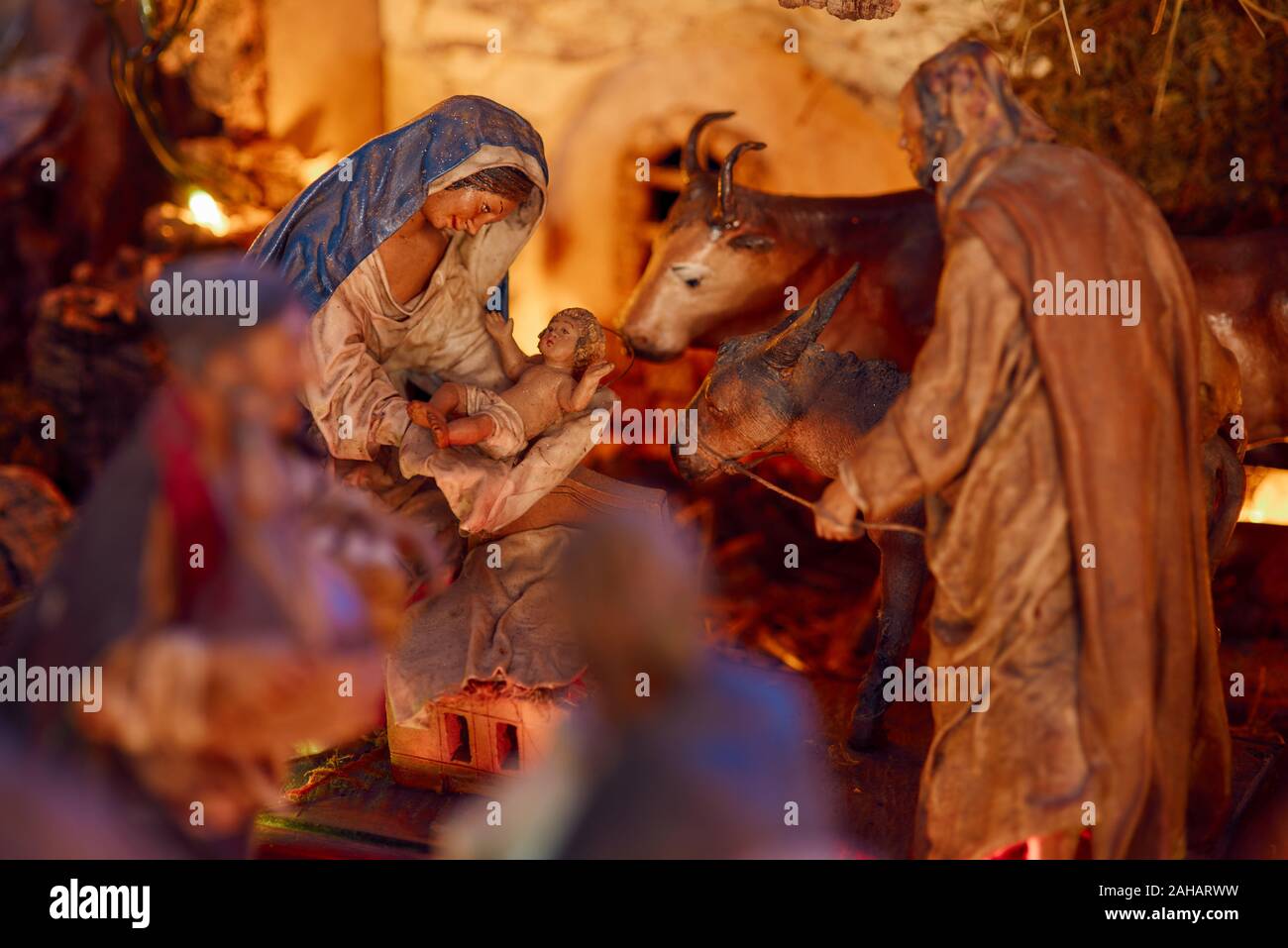 Christmas nativity scene represented with statuettes of Jesus, Mary and ...