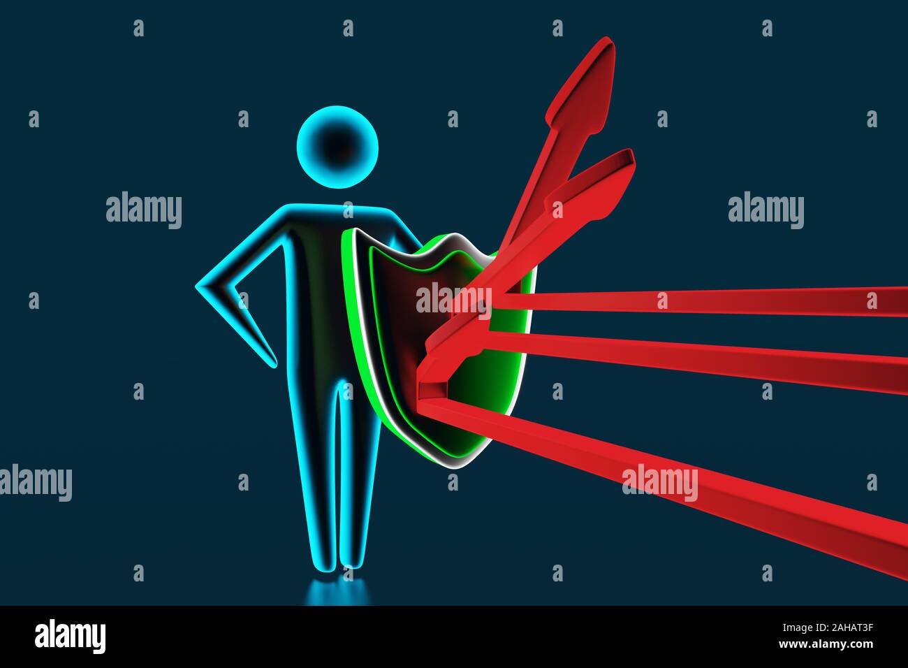 Businessman holds green shield covering from red arrow. Insurance ...