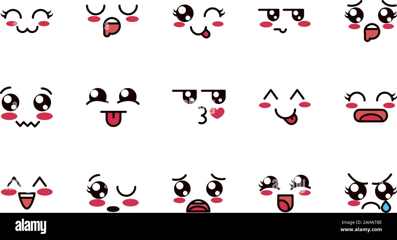 kawaii cute face expressions eyes and mouth icons set vector ...