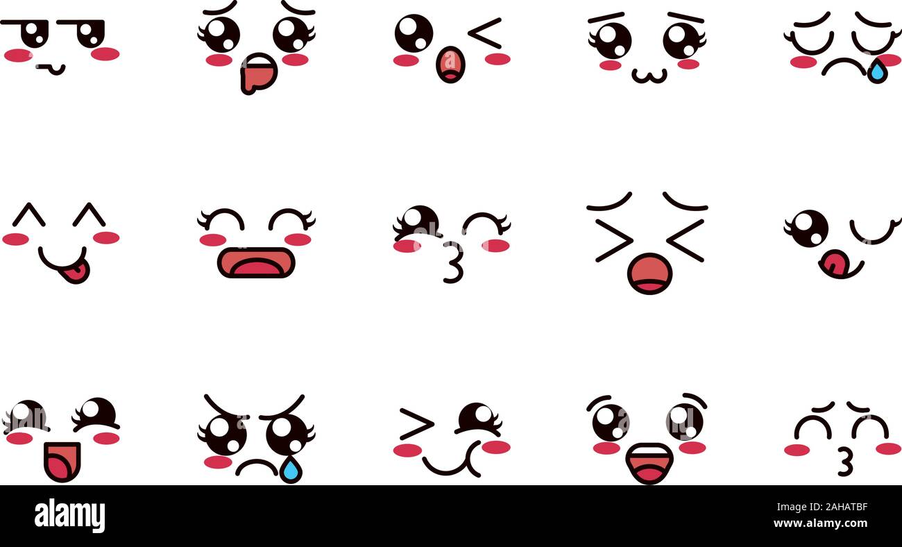 kawaii cute face expressions eyes and mouth icons set vector ...