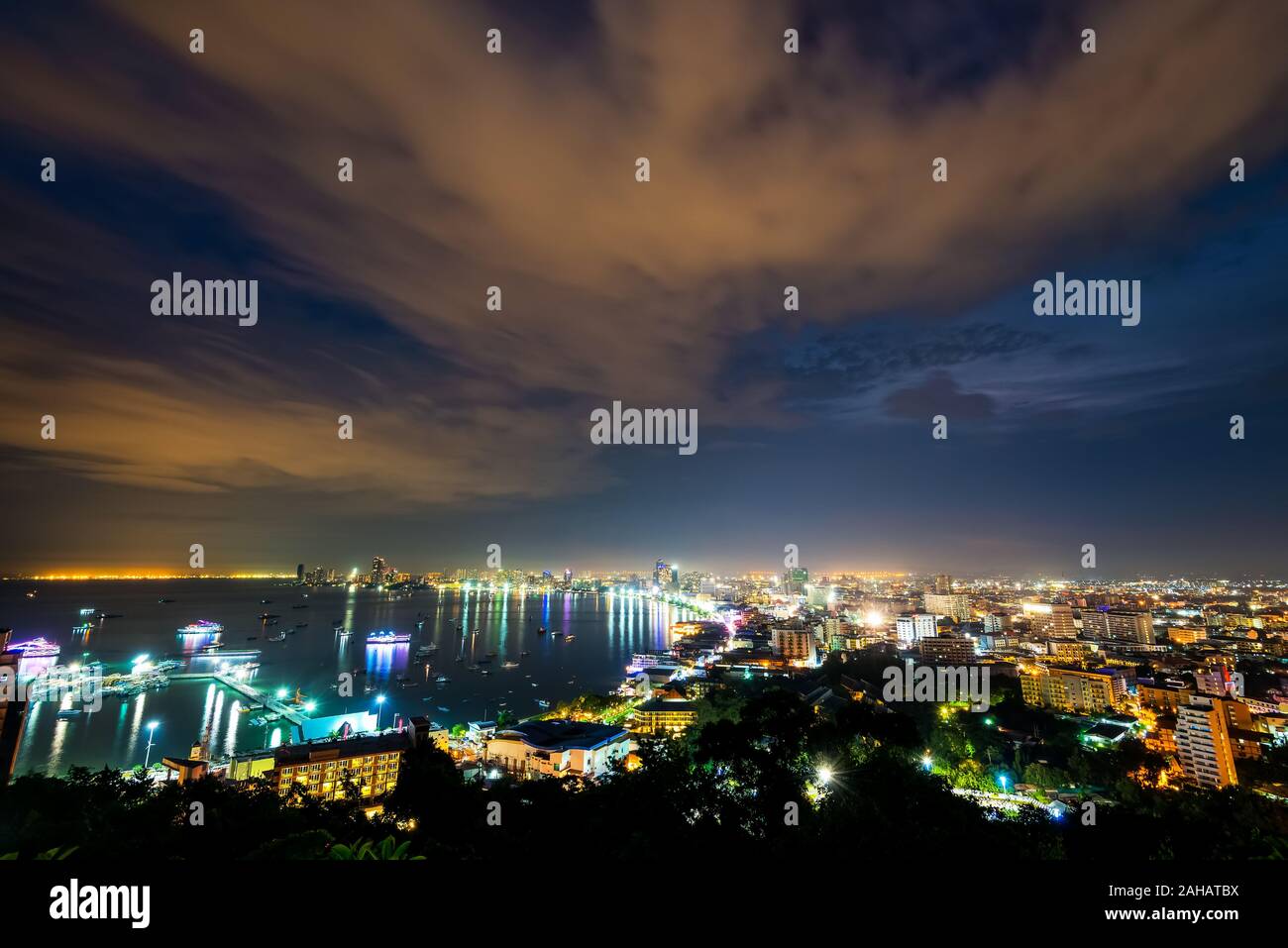 High view on viewpoint see cityscape with colorful light at the beach ...