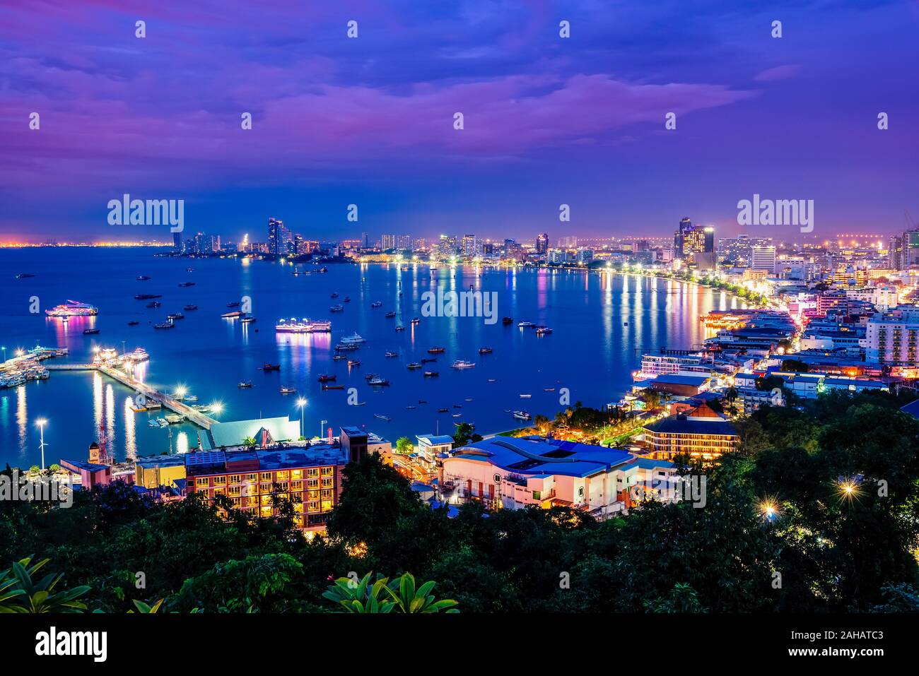 High view on viewpoint see cityscape with colorful light at the beach ...