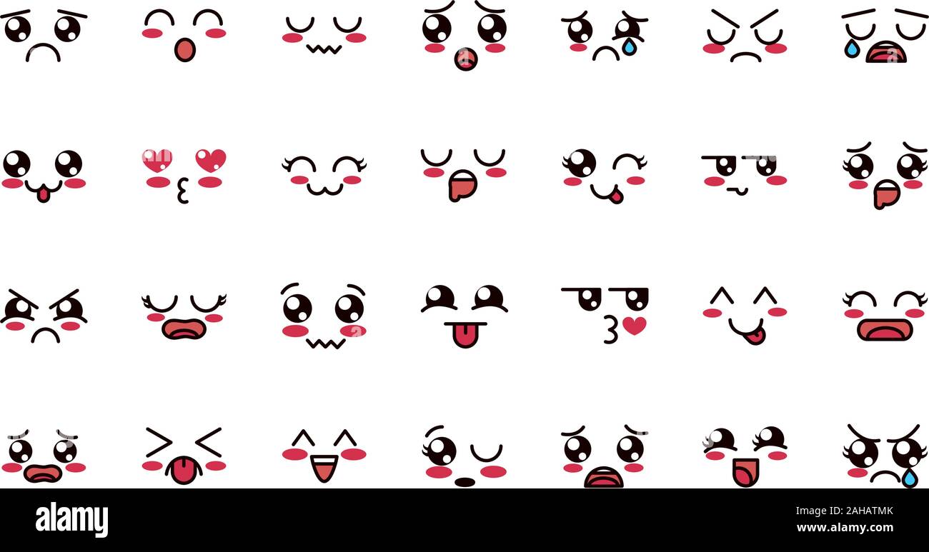 kawaii cute face expressions eyes and mouth icons set vector ...