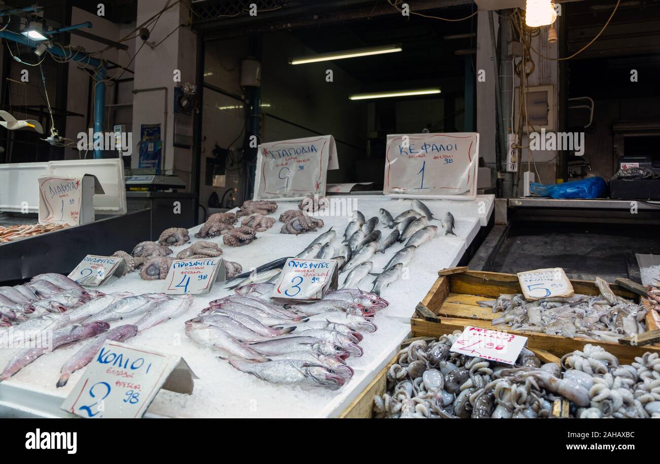 Athens, Greece. November 14, 2019. Fish and seafood variety at a fish ...