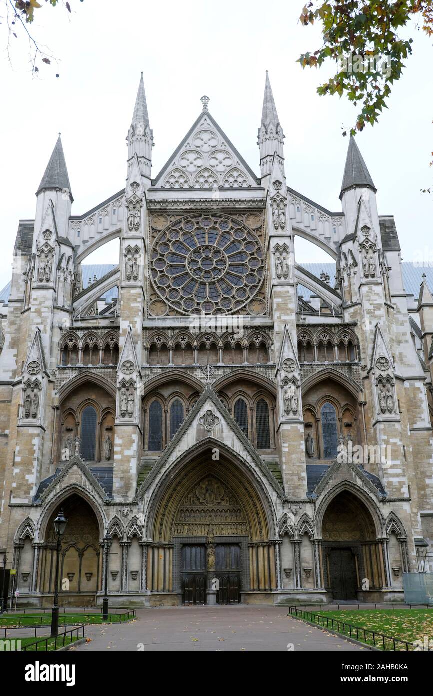 Exterior view of Westminster Abbey facade in autumn near Parliament ...