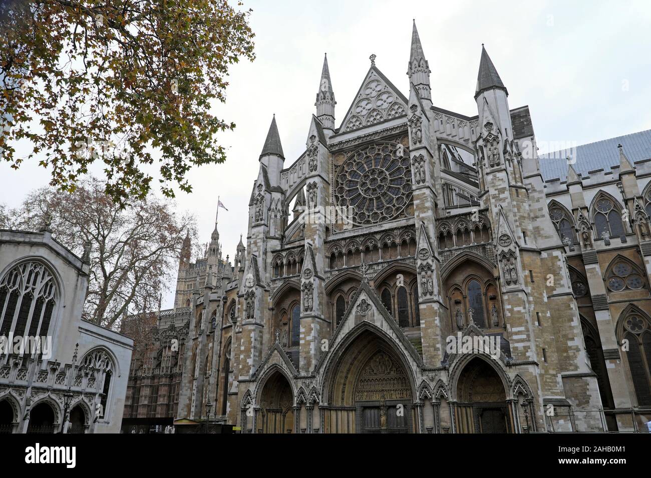 Exterior view of Westminster Abbey facade in autumn near Parliament ...