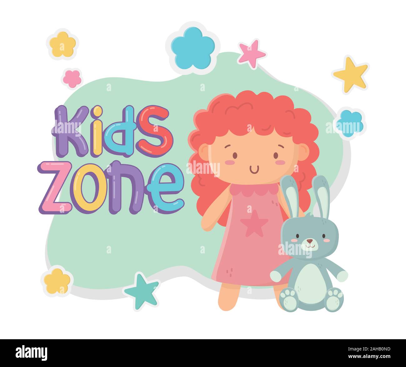 kids zone, cute little doll and rabbit toys vector illustration Stock ...