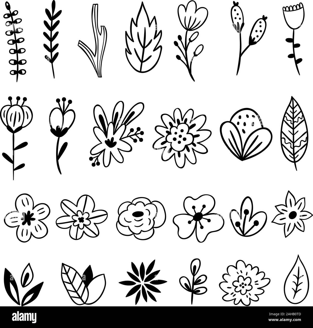Vector Collection of Hand Drawn Flowers.Hand drawn monochrome flowers ...