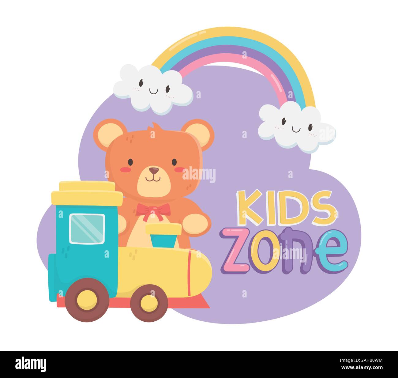 kids zone, teddy bear and plastic train toys vector illustration Stock ...
