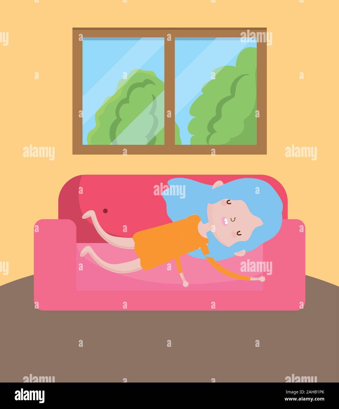 childrens day, little girl resting in the sofa vector illustration ...
