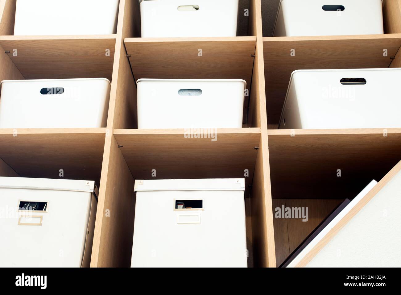 Modern interior white boxes in wooden shelfs for storage, modern ...