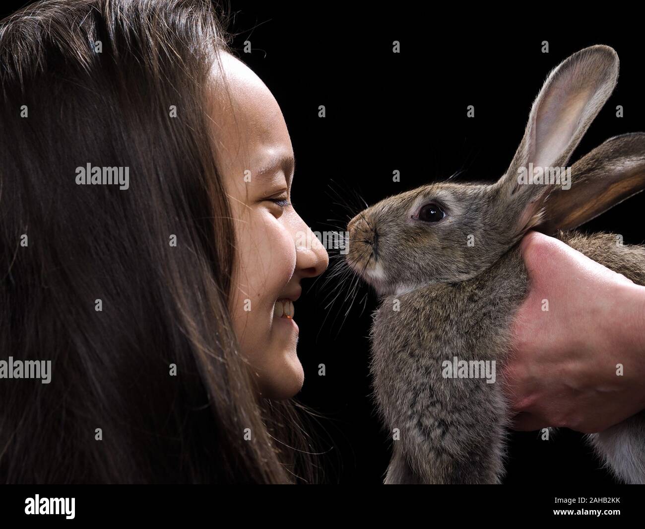 A girl's face and a rabbit's face. Black background Stock Photo - Alamy