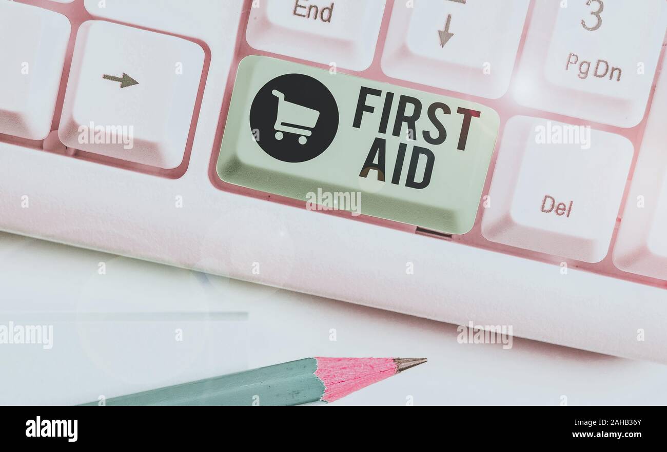 Writing note showing First Aid. Business concept for Practise of ...