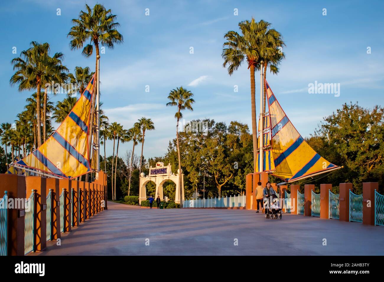 Orlando, Florida. December 18. 2019. People walking on colorful bridge ...