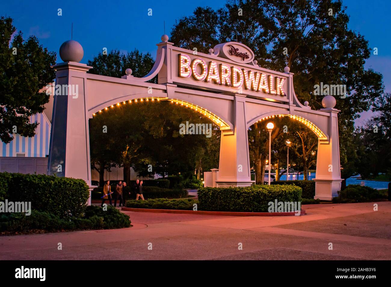 Orlando, Florida. December 18. 2019. Illuminated Disney Boardwalk arch ...