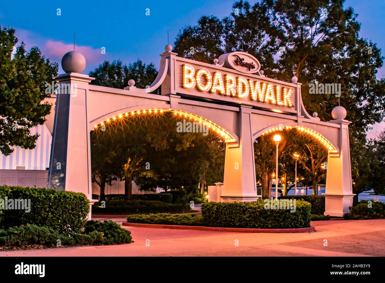 Orlando, Florida. December 18. 2019. Illuminated Disney Boardwalk arch ...